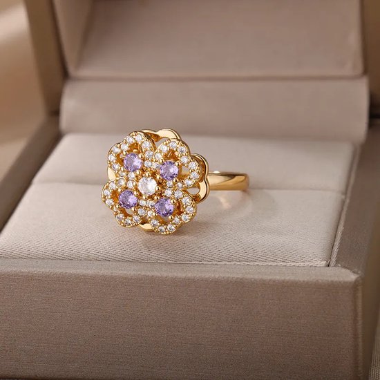 Dames Ring- Klaver-Paarse zirkoon- Fidget Ring- 18K Verguld- Goud ...