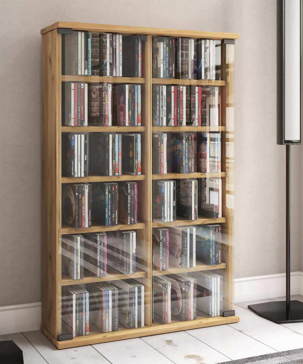 VCM Houten CD DVD Stand Shelf Kabinet Opbergvloer Stand Roma Glazen ...