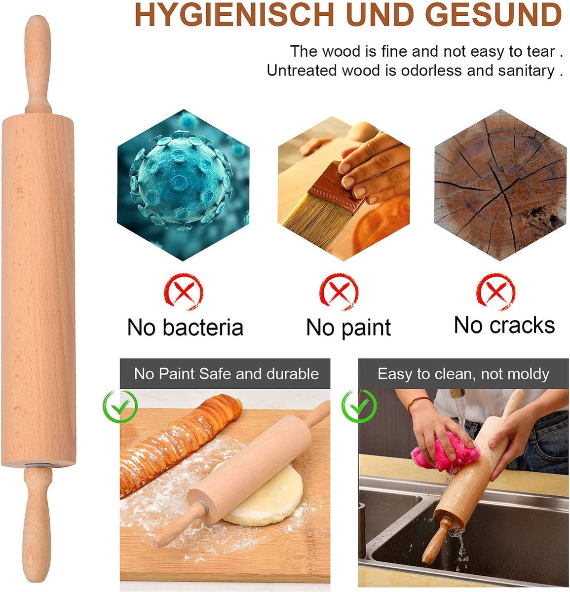 Deegroller hout – houten deegroller - rolhout | bol