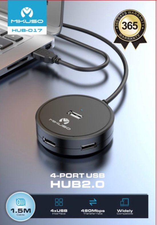 4-Port USB Hub2.0 Zwart 4 in 1 USB 150cm 2023 | bol