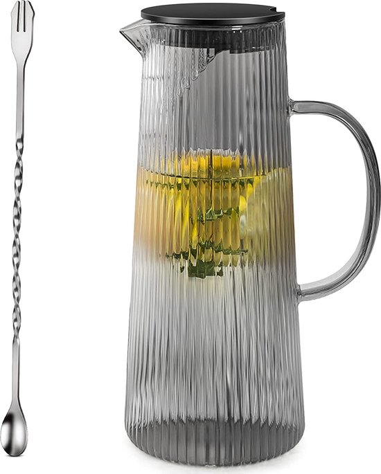 Glazen karaf, 1,3 liter, met deksel, gestreept design, waterkaraf van ...