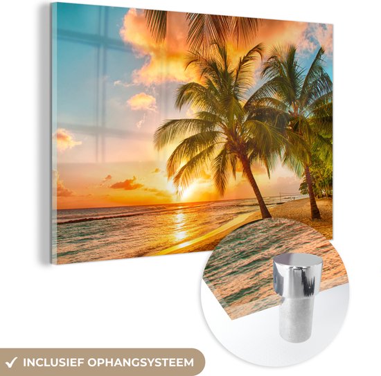 Glasschilderij - Wanddecoratie - Acrylplaat - Palmboom - Strand - Zee - Zonsondergang... | bol