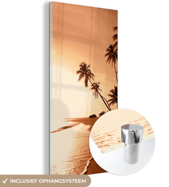 Glasschilderij - Acrylplaat - Strand - Palmboom - Zon - Zee - Glas schilderij -... | bol