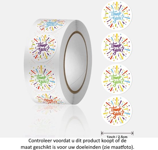Rol met 500 kleurrijke Thank You stickers - 2.5 cm diameter - Dankje ...