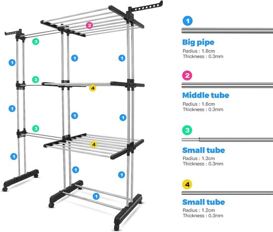 Droogrek, toren, uittrekbaar, wasdroger met 6 opvouwbare vleugels op 3 ...