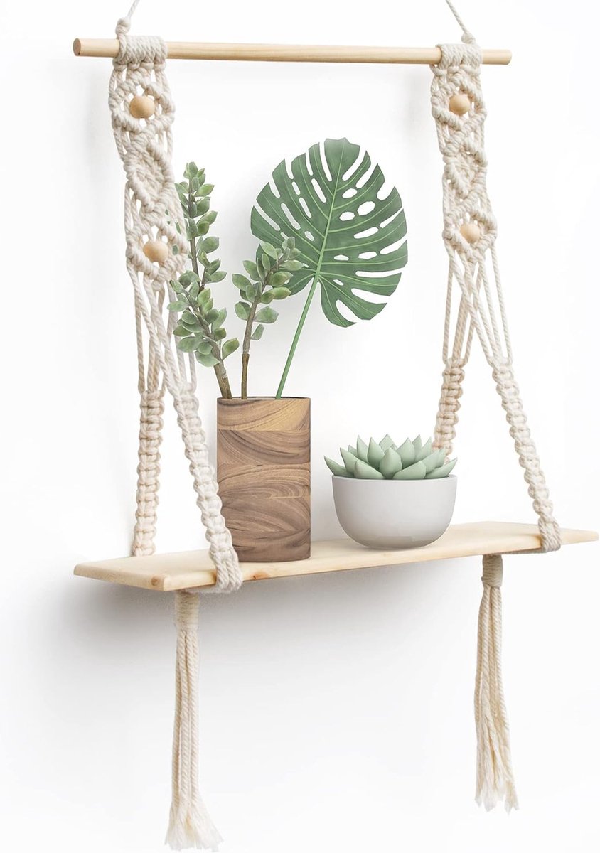 Wandplank houten plank muur boho decoratieve hangende plank macrame ...