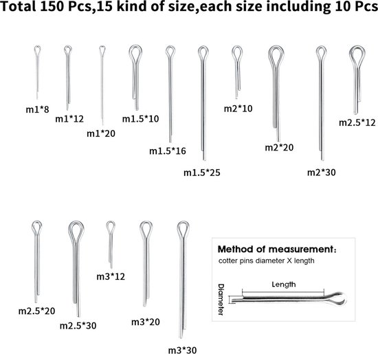 150 stk. Splinte set, roestvrij stalen splinten assortiment met ...