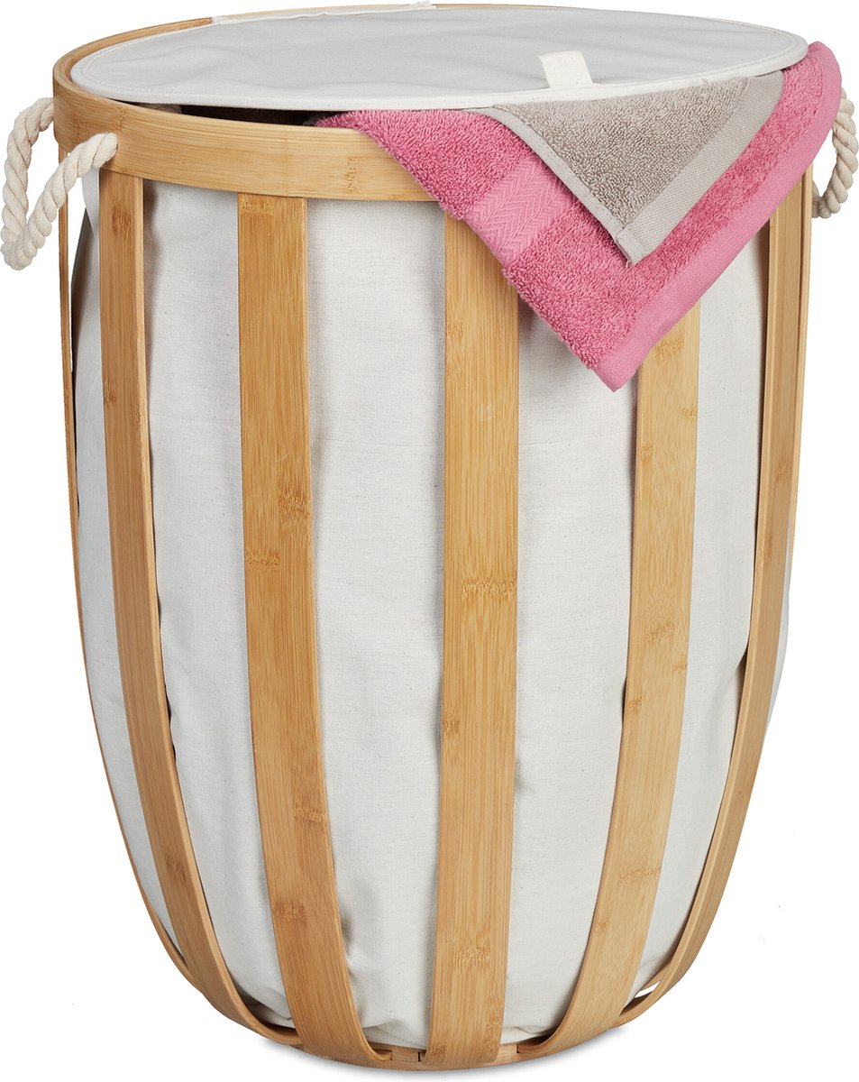 Relaxdays bamboe wasmand met deksel - beige waszak - handvaten - ronde ...