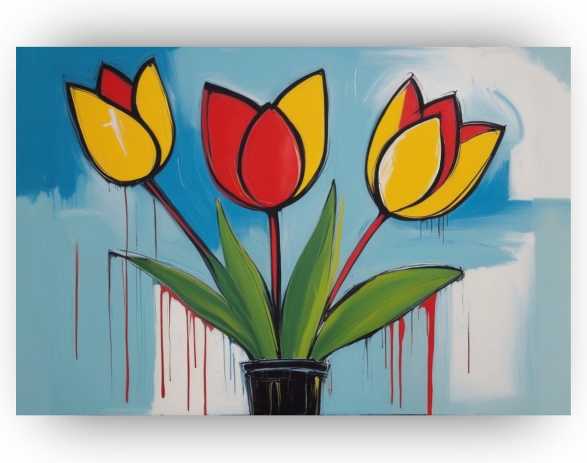 Tulpen Basquiat schilderij - Bloemen schilderij op glas ...