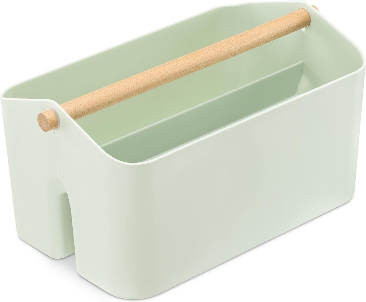 Opbergdoos met houten handvat - 2 vakken box organizer in badkamer ...