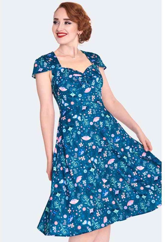 Voodoo Vixen - Moth And Flower Print Flare jurk - M - Blauw | bol