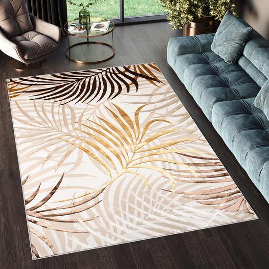 Tapiso Golden Vloerkleed Beige Licht Bruin Bladeren Modern Tapijt Maat- 80x150 | bol