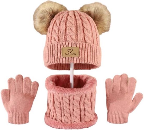 Muts, sjaal en handschoenen - roze - met twee grote pompons - kind ...