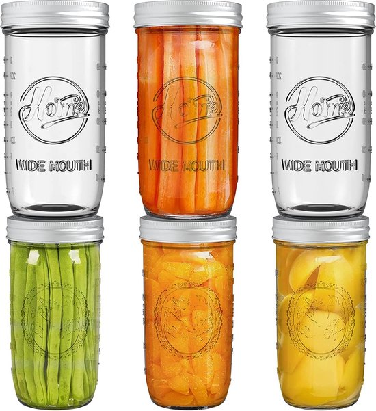 Pak van 6 24oz Mason Jars met deksels, 700ML Mason Jars met brede ...