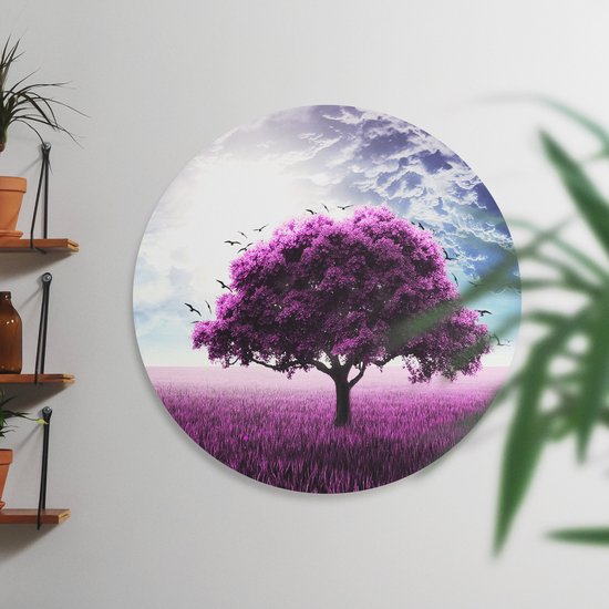 Artaza Forex Muurcirkel Paarse Boom In Het Paars Veld Met Vogels ...