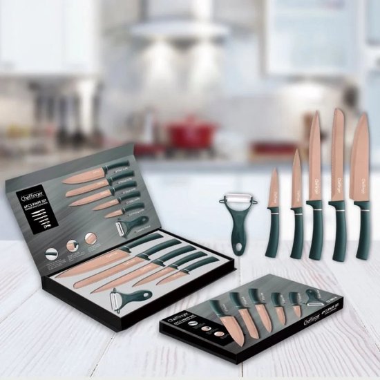 CHEFFINGER CF-MB10: 6-delige messenset met marmercoating - Titanium Gold-collectie + groen | bol