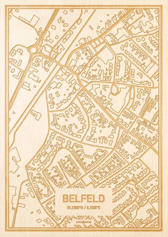 Kaart Belfeld - Gegraveerde stadskaart Hood&Wood - Hout, A4 | bol.com