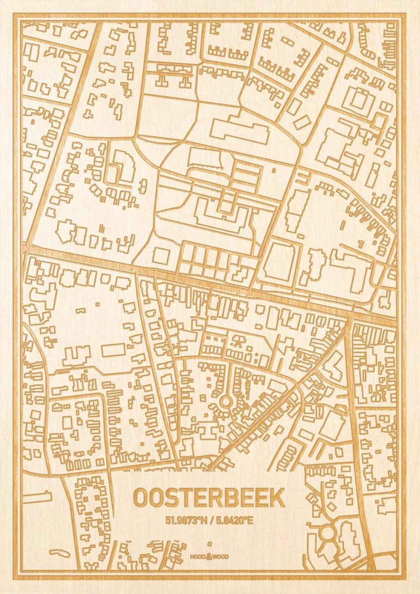 Kaart Oosterbeek - Gegraveerde stadskaart Hood&Wood - Hout, A4 | bol.com