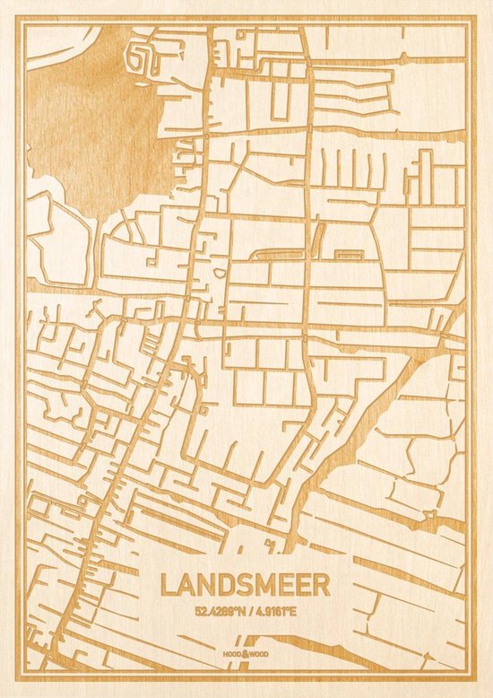Kaart Landsmeer - Gegraveerde stadskaart Hood&Wood - Hout, A4 | bol.com
