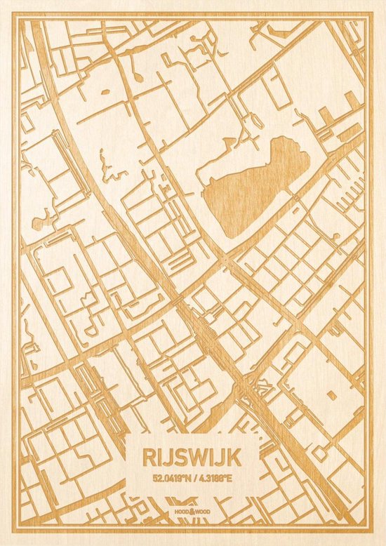 Kaart Rijswijk - Gegraveerde stadskaart Hood&Wood - Hout, A4 | bol.com