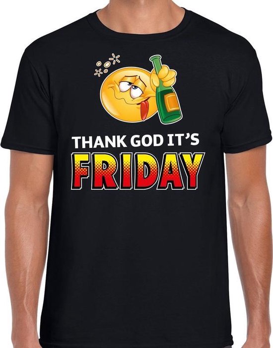 Funny emoticon t-shirt Thank God it is friday zwart voor heren - Fun ...
