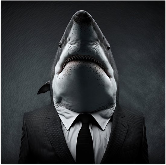 Poster (Mat) - Haai in Zakelijk Pak met Zwarte Stropdas - 100x100 cm ...