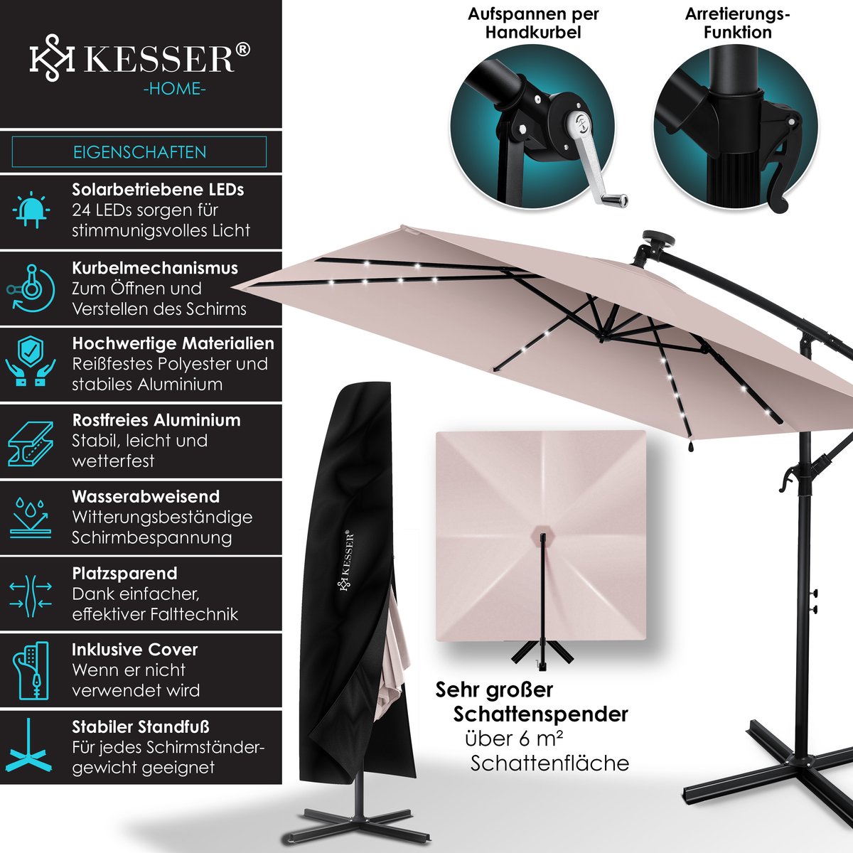KESSER® Parasol Holly Rechthoekig + Hoes + Windbescherming met zwengel Zwengel Paraplu... | bol.com