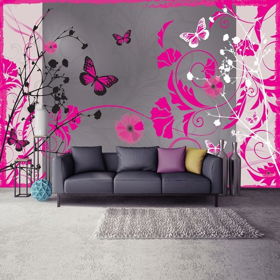 Fotobehang - Vlies Behang - Roze Vlinders en Bloemen Kunst - 254 x 184 cm | bol