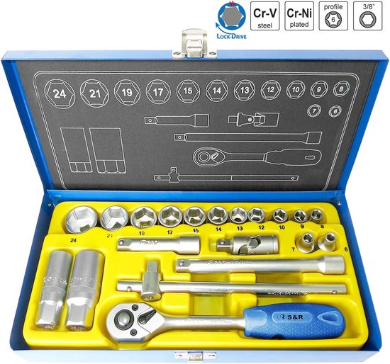 Steeksleutelset CHROM-VANADIUM 20-delig. 3/8 inch Lock-Drive profiel in ...