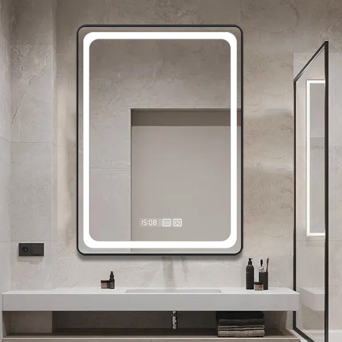 LED spiegel met zwart metalen frame-Luxe LED badkamer spiegel- 3 LED ...