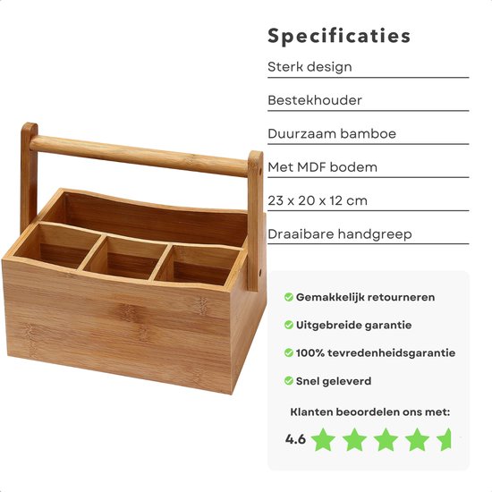 Cheqo® Bamboe Bestekhouder met Handvat - Staande Bestekbak - 4 Vakken ...