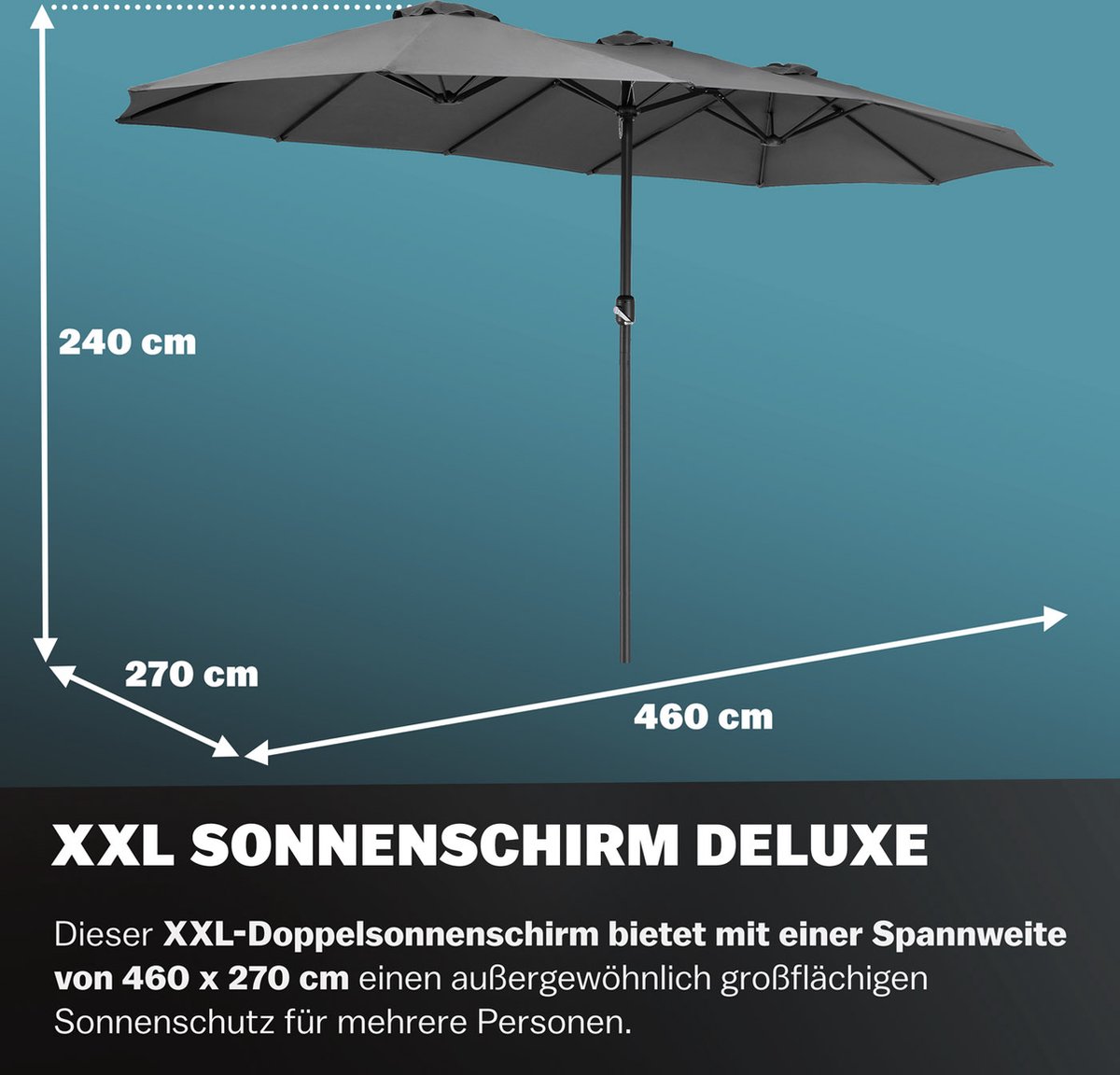 Kingsleeve Dubbele Parasol XXL - 460x270 cm met Zwengel – Antraciet ...