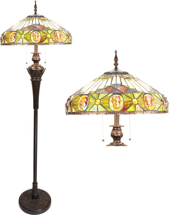 HAES DECO - Tiffany Vloerlamp 166 cm Beige Geel Glas Kunststof Rond ...