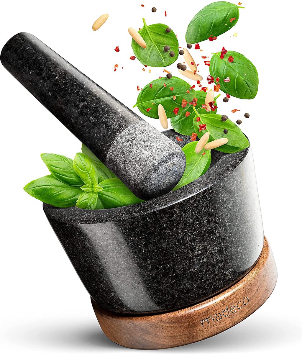 Vijzel met stamper graniet op houten sokkel walnoot Ø 14,5 cm perfect ...