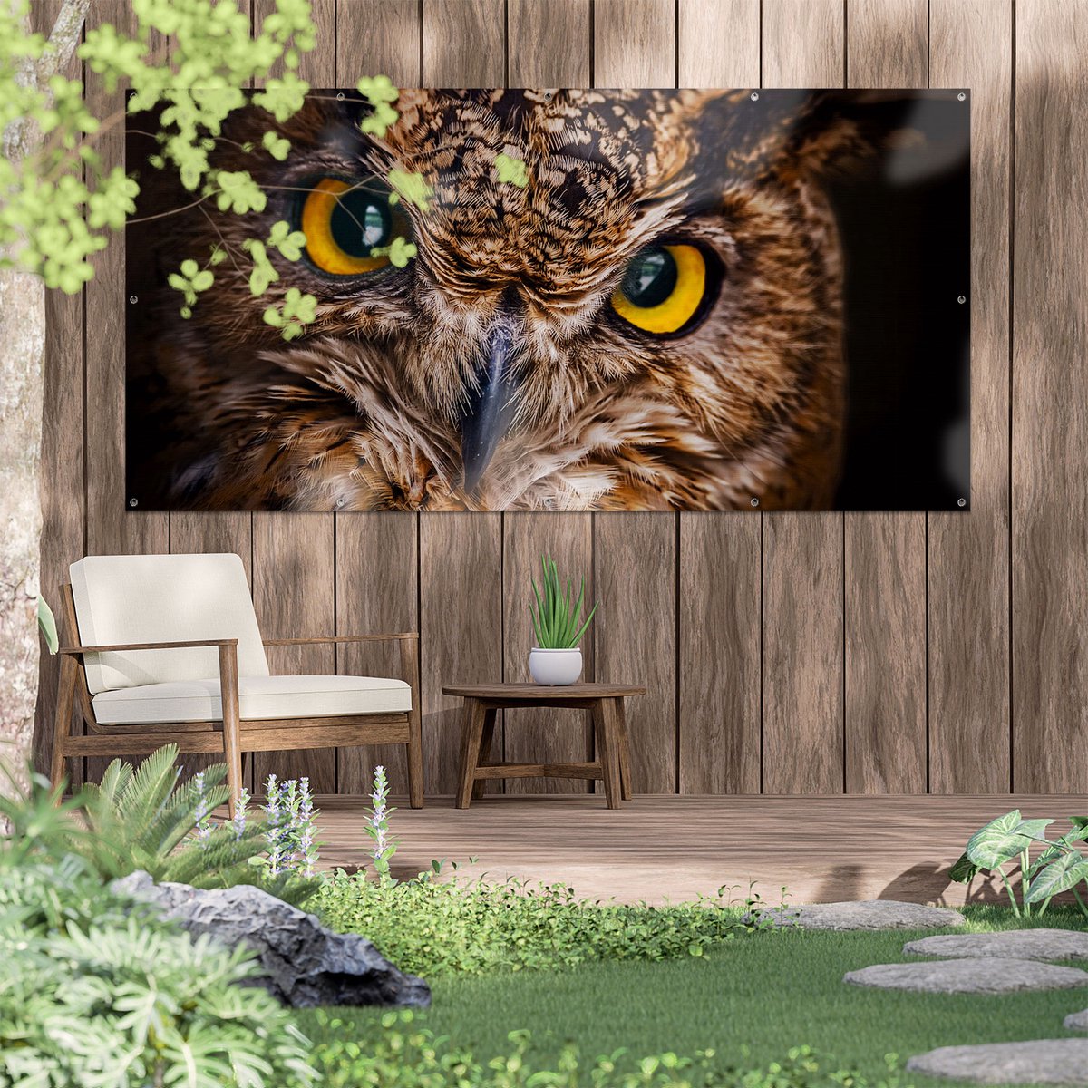 Gards Tuinposter Uilenkop met Gele Ogen - Uil - 200x100 cm - Tuindoek ...