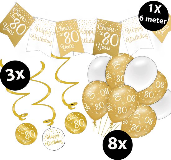 Verjaardag Versiering Pakket 80 jaar Wit en Goud - Ballonnen Goud & Wit ...