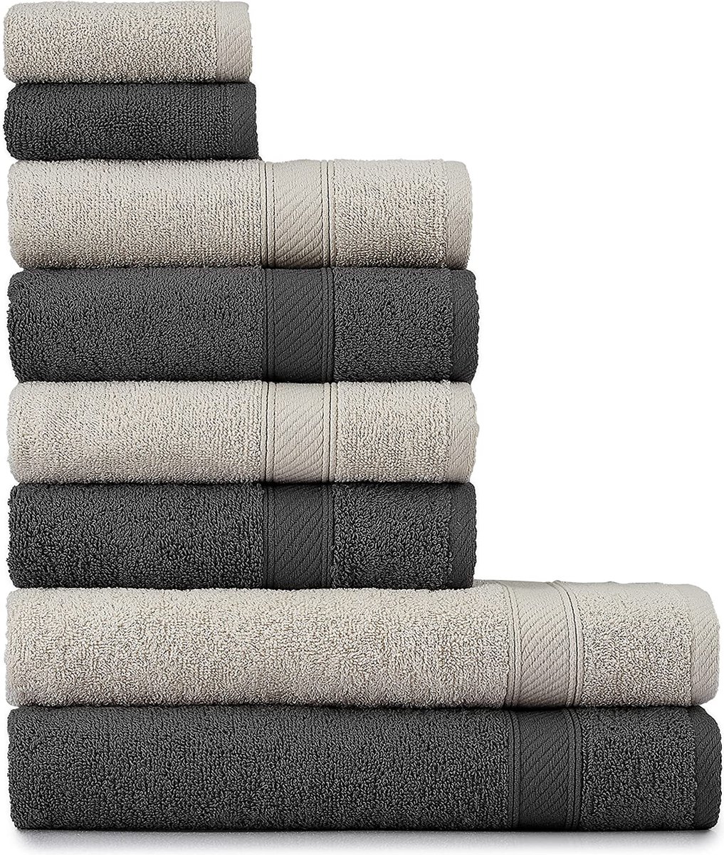 Handdoekenset antraciet grijs/beige, 2 badkamerhanddoeken, 4 handdoeken ...