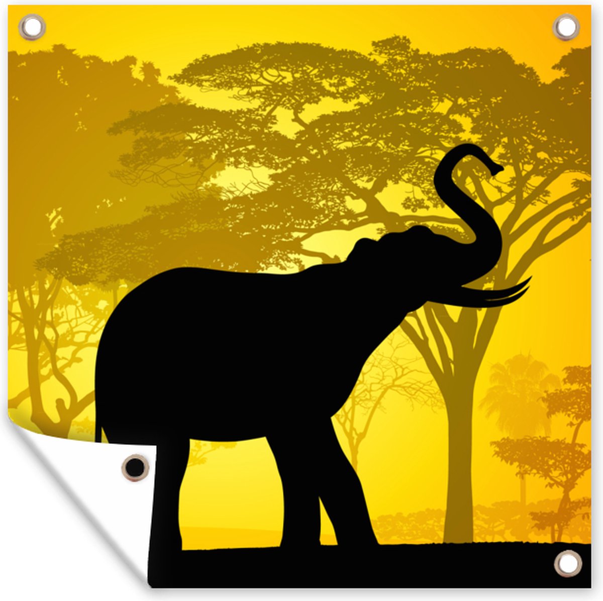 Tuinposters Een illustratie van een olifant met zijn slurf omhoog ...