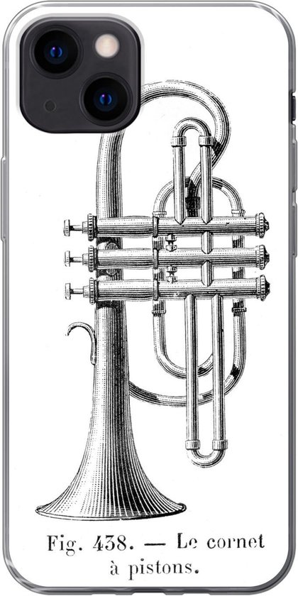 iPhone 13 mini hoesje - Gedetailleerde tekening van een trompet in zwart-wit -... | bol.com