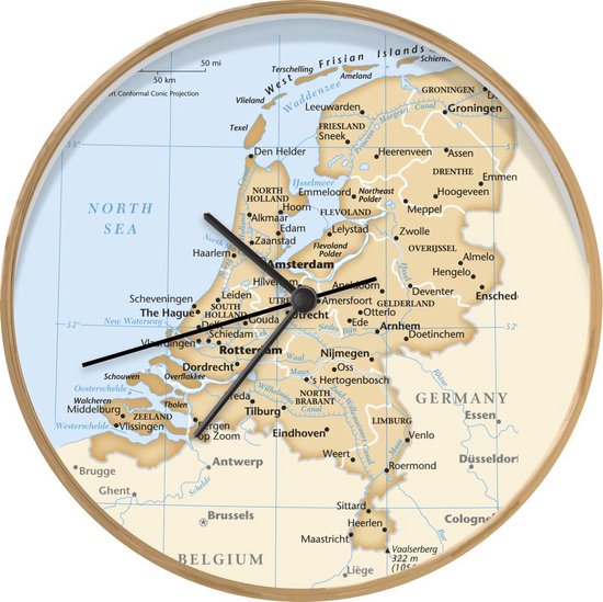 Klok - Ø 30 cm - Kaart - Nederland - Atlas - Houtkleurig - Wandklok ...