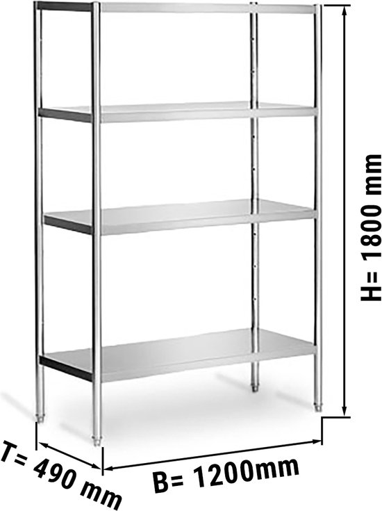 RVS rek Premium 1,2 x 0,5 m - met 4 schappen (verstelbaar) | GGM Gastro ...