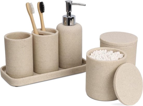 Beige badkamer accessoires set - Tandenborstelhouder en zeepdispenser ...