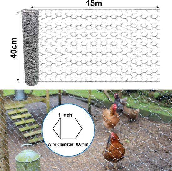 Kippengaas 40cm x 15m - Gegalvaniseerd Kippengaas Roll - Zeshoekig Gaas ...