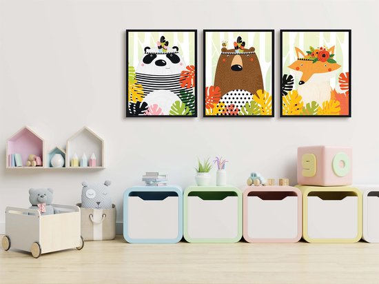 Poster set 3 bolle panda beer en vos in het bos - Dieren poster ...