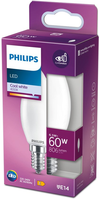 Philips LED lamp E14 lichtbron - Koel wit - 60W - 6.5W | bol