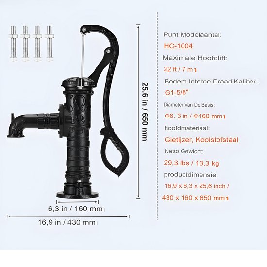Waterpomp - Handpomp - 40x15x68cm - Gietijzer - Tuinpomp - Handdrukpomp ...