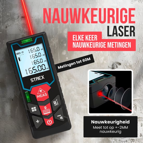 Strex Laser Afstandsmeter 60m - Digitale Lasermeter - IP54 water- en ...