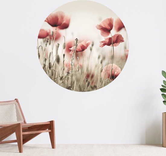 Muurcirkel zelfklevend behang - Dromerige klaprozen - Wanddecoratie ...