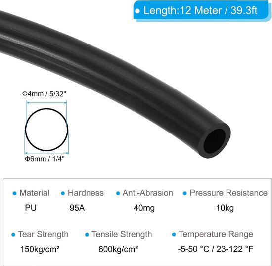 Pneumatische slang, 1/4" AD, 39ft 6 mm AD, 4 mm ID, PU luchtleiding ...