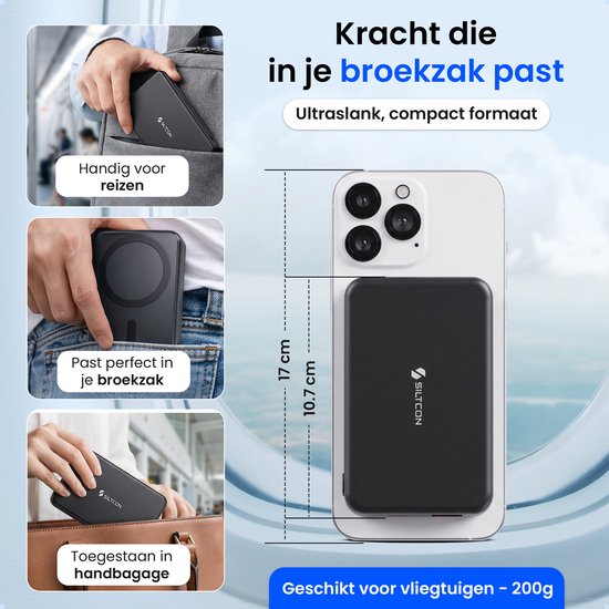 Siltcon® Draadloze Powerbank 10000 mAh - Geschikt voor MagSafe 15W ...